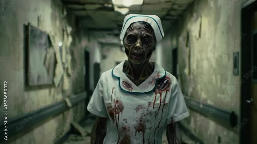 cinematic video of a scary ghost nurse in an old abandoned hospital ...