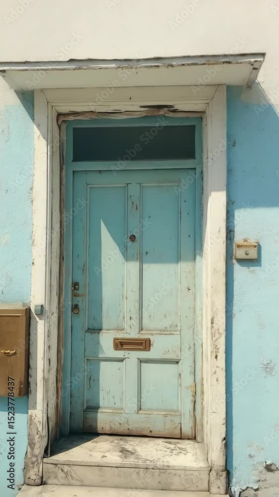 Weathered blue door with peeling paint, steps, and a mailbox under ...