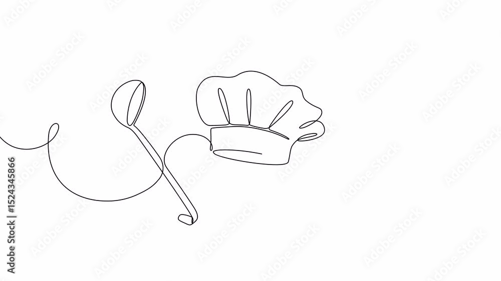 Video. Ladle, cooking spatula and chef's cap in one solid line. Single ...