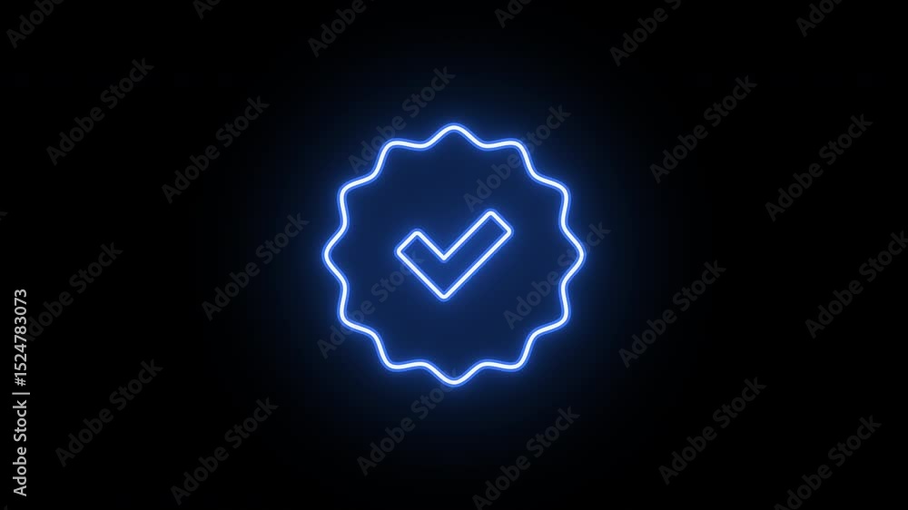 Neon verified badge icon, flickering emergence and fading. Glowing neon ...