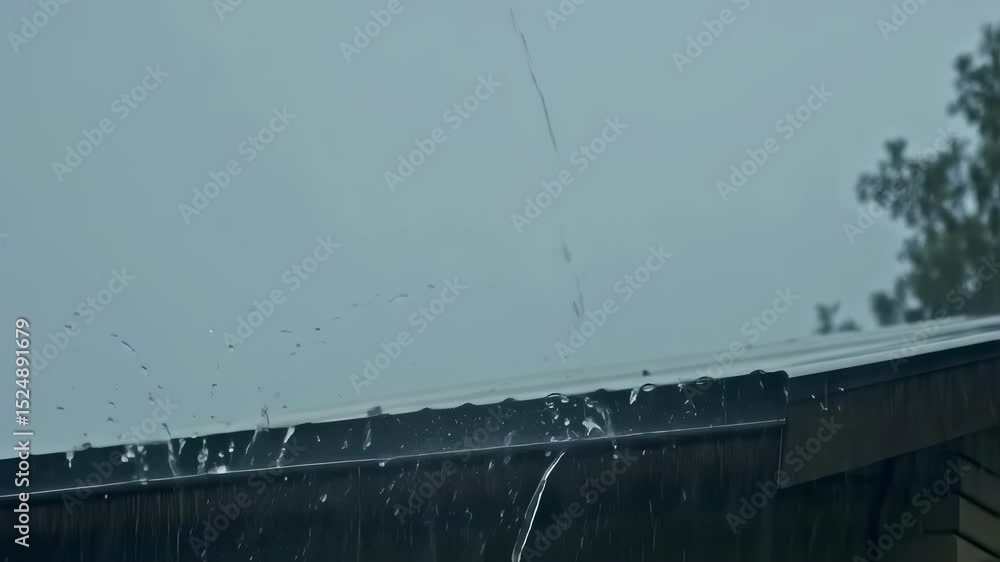 Heavy rain falling on a building roof and pouring into a gutter ...
