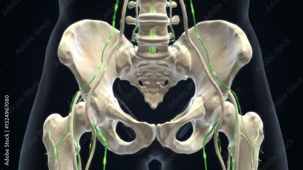 Anatomical view of the pelvic region with visible bones and green ...