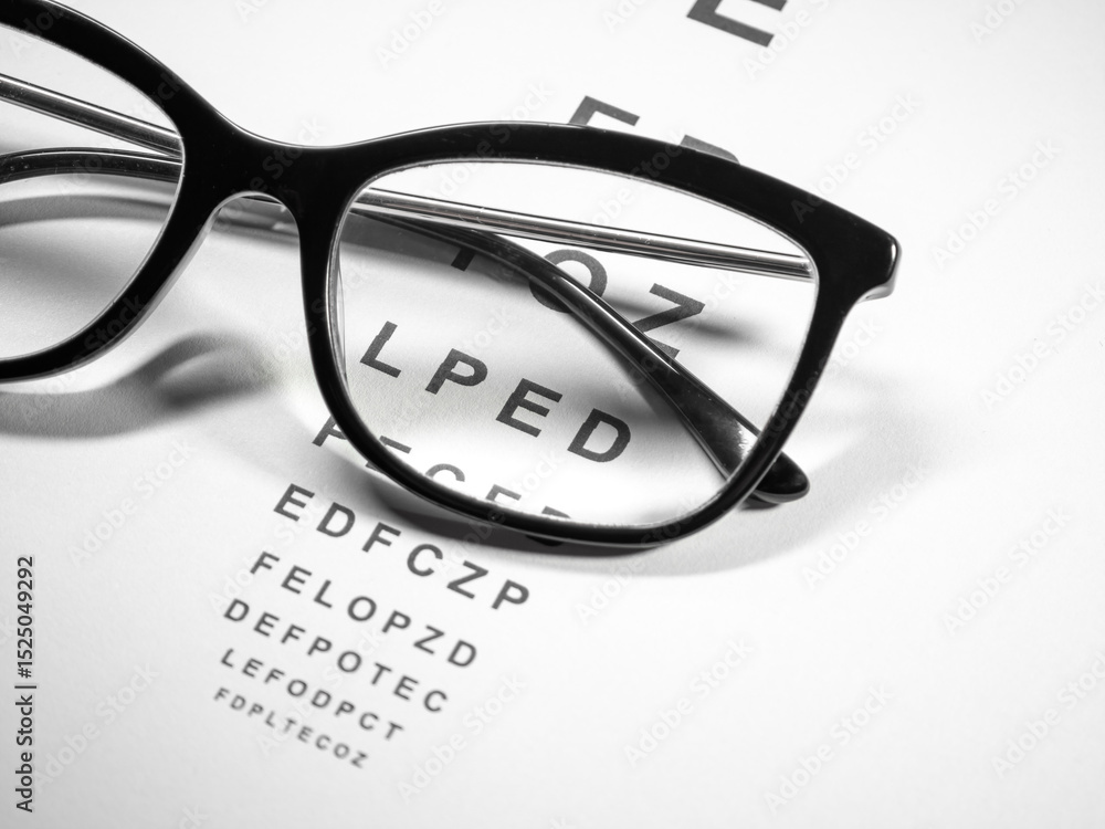 Poster Corrective glasses lie on the Snellen chart for eye examination ...