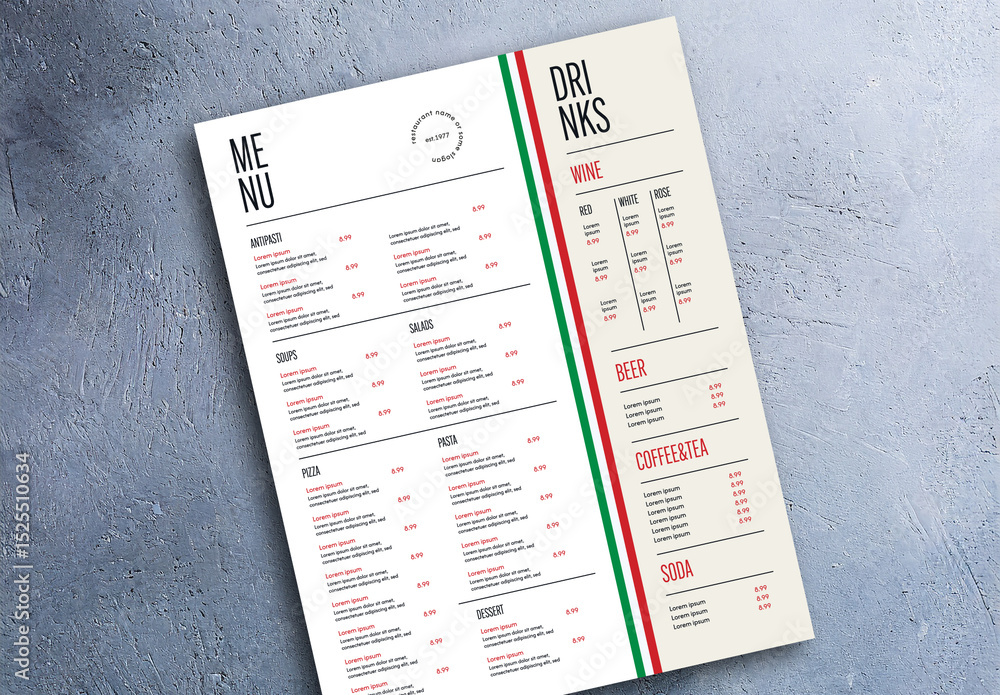Italian Restaurant Full Menu Template with Flag Colors Stock Template ...