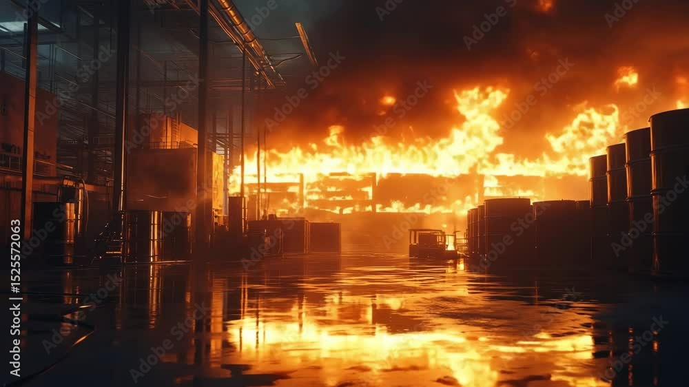 A massive warehouse is engulfed in a destructive fire, with flames ...