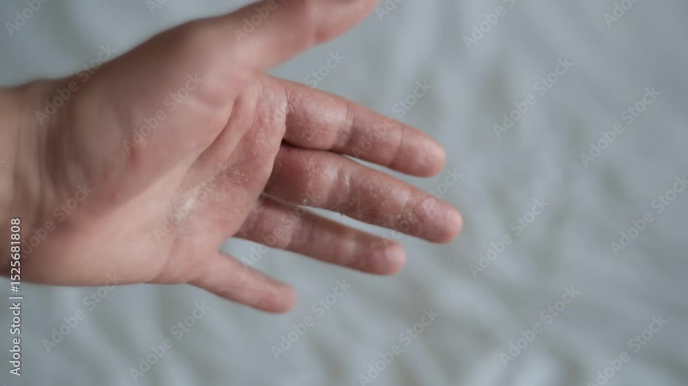 Eczema flare shown on adult female palm, dry peeling skin covered ...