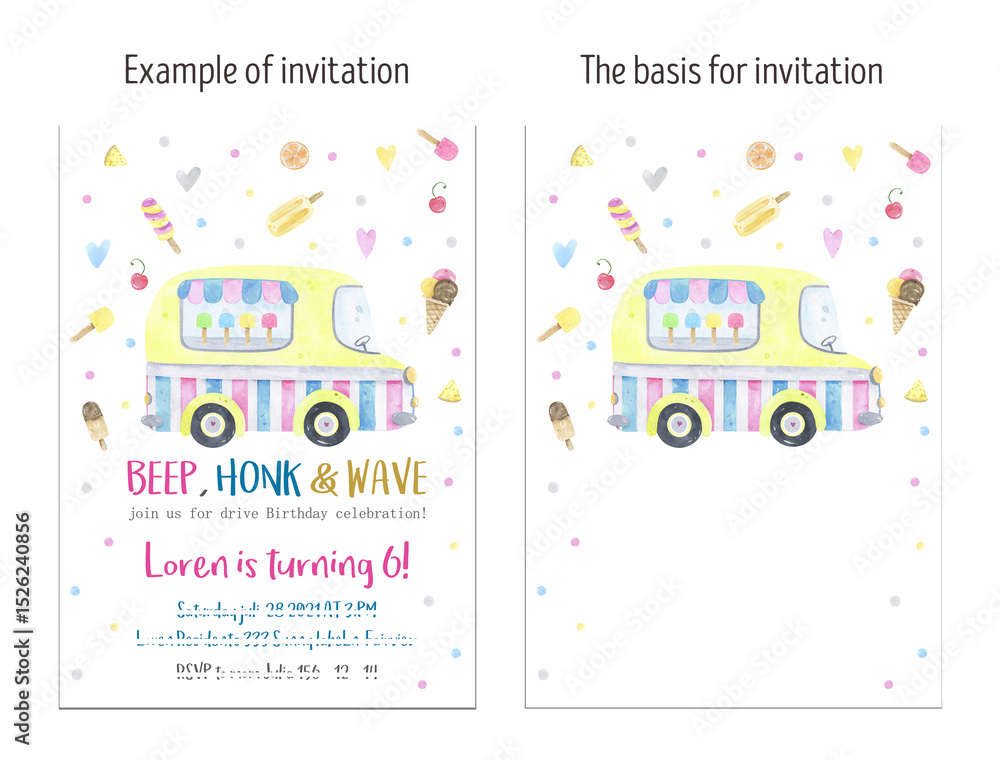 Plakát Watercolor summer themed ice cream truck invitation card, layout ...