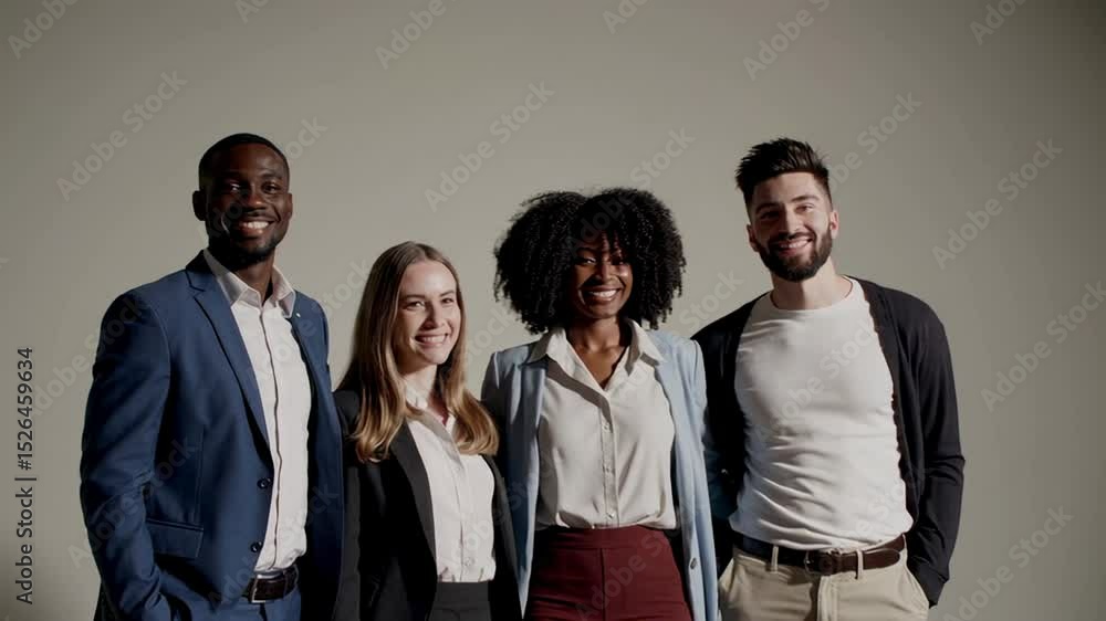 Diverse professional team gathering for collaborative group portrait ...