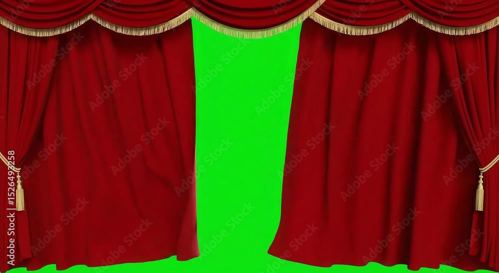 Red velvet curtains opening and closing on a green screen background ...