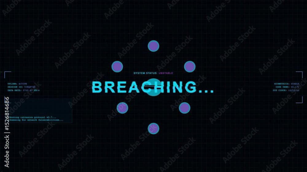 Futuristic cyberpunk hacker HUD with a network map, data readouts, and ...