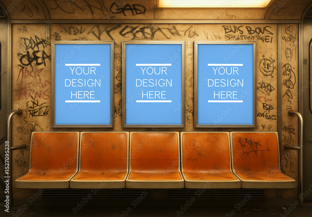 Triple Subway Poster Mockup With Graffiti And Orange Seats Stock ...