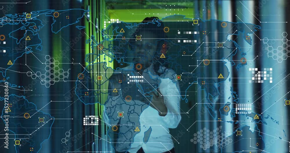 Data center technician tapping server rack and activating holographic ...