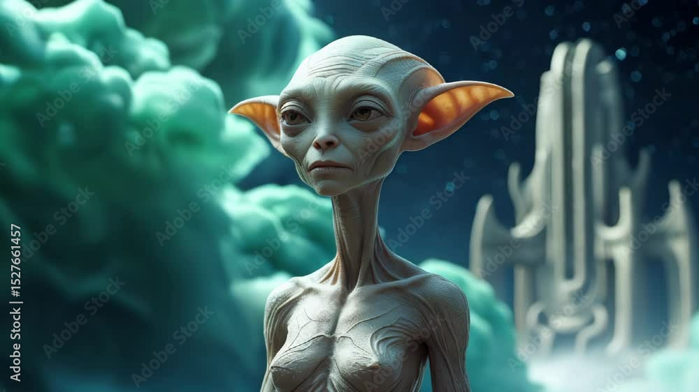 A humanoid alien with detailed scaly skin gazes at a distant celestial ...