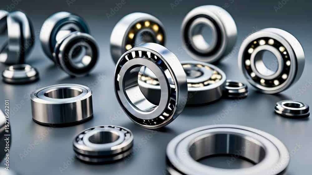 Close-up of axial chrome-plated deep groove ball and roller bearings on ...
