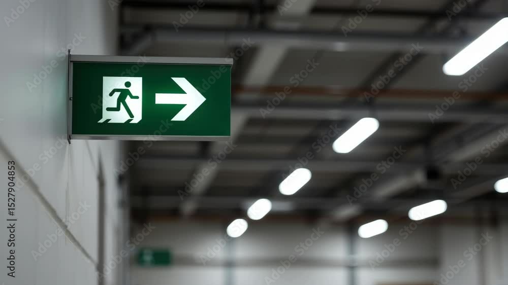 Green emergency exit sign mounted on ceiling in underground parking ...