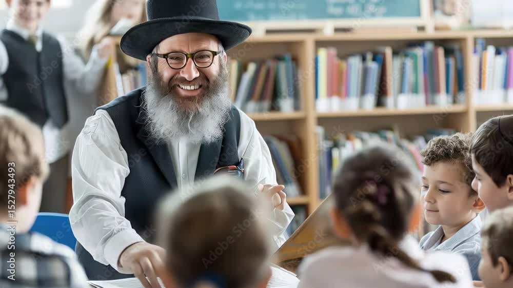 Smiling Jewish teacher wearing a hat and glasses telling a story to a ...