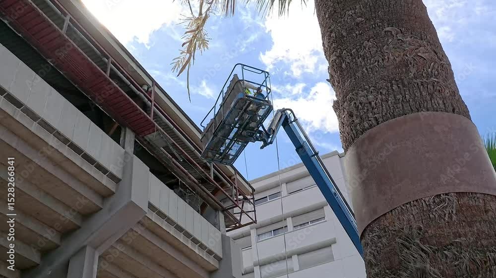 Construction Worker on Crane Arm Platform at Height. Worker operates ...