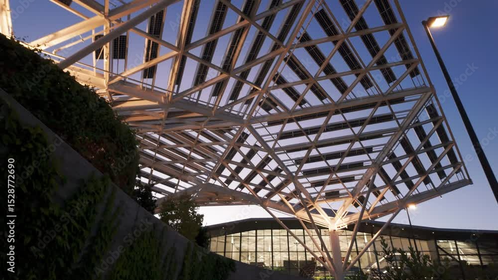 Gimbal rotating and panning shot of the futuristic solar panel canopy ...