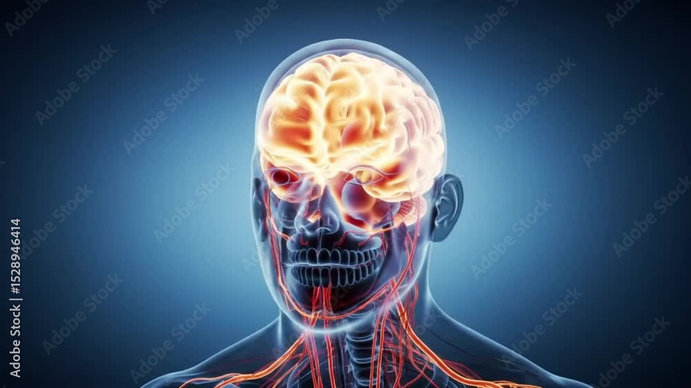 Anatomical illustration of a human head featuring the brain skull and ...