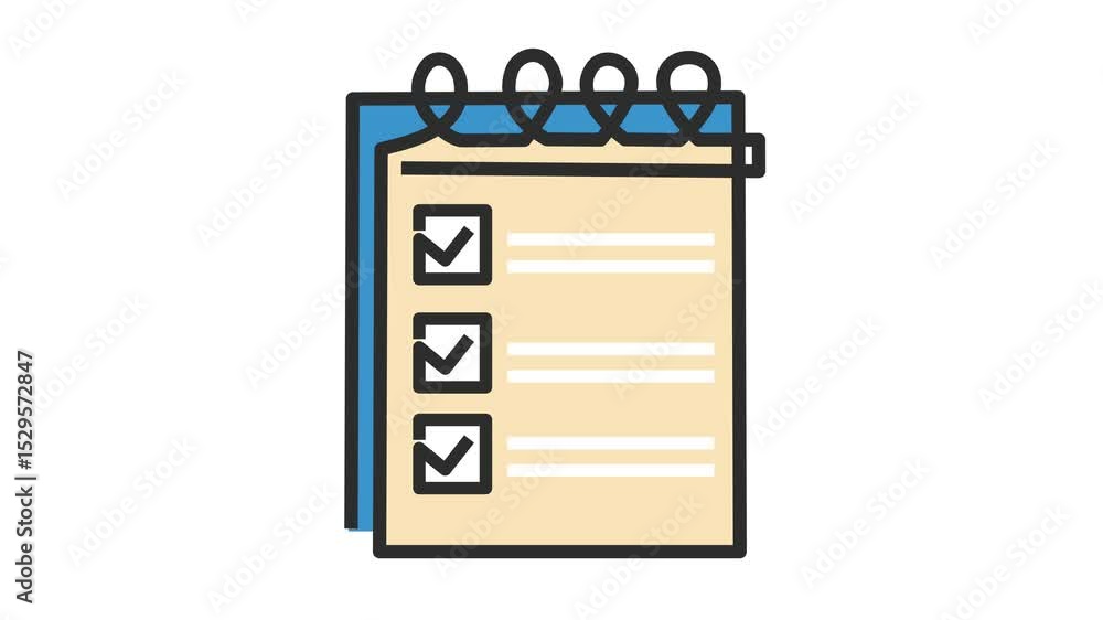 Approved checkmark on completed to-do list notebook logo in cartoon animation. Spiral checklist ...