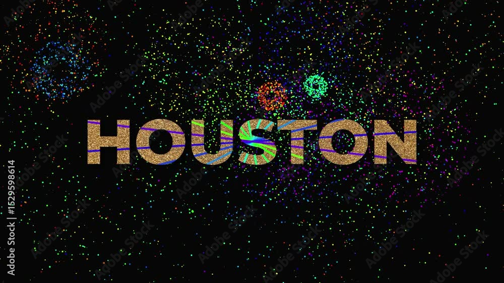Big text with the word HOUSTON with golden glitter Font and fireworks ...
