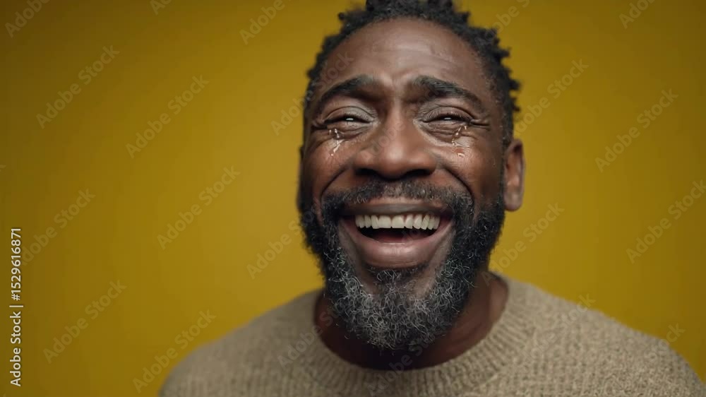 African american man with a beard crying tears of joy, laughing with ...
