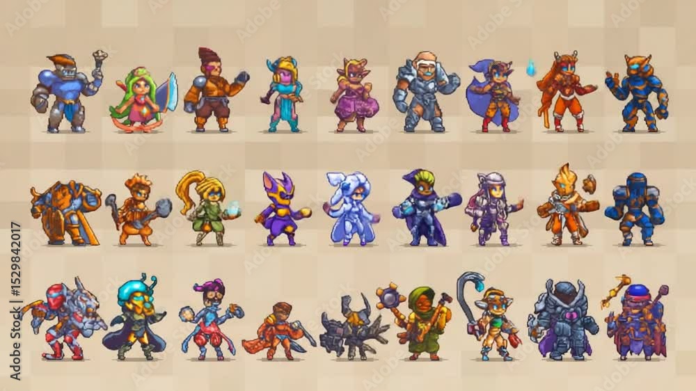 A vibrant pixel art lineup featuring diverse character sprites designed ...