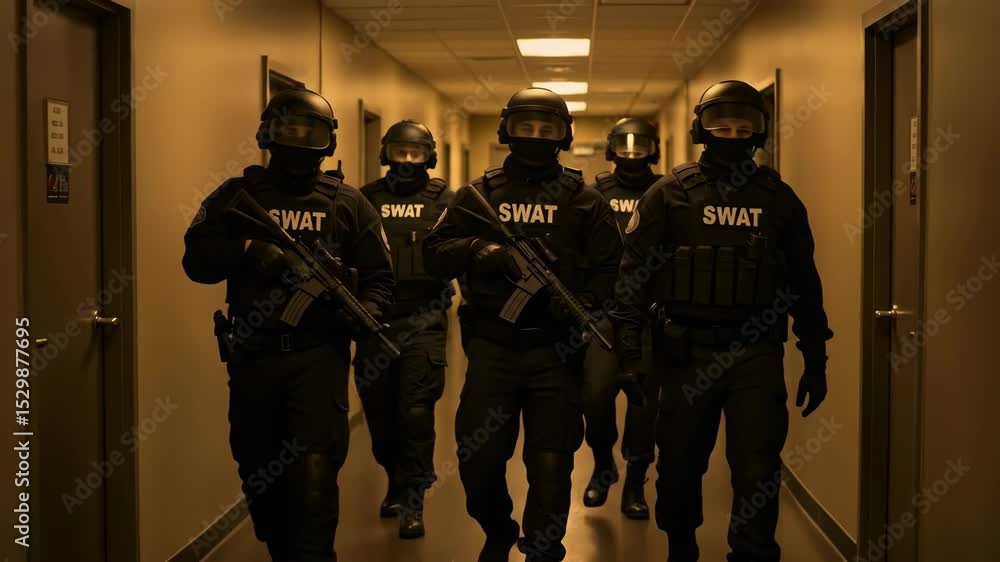Tactical SWAT team in full gear advancing through corridor and weapons ...