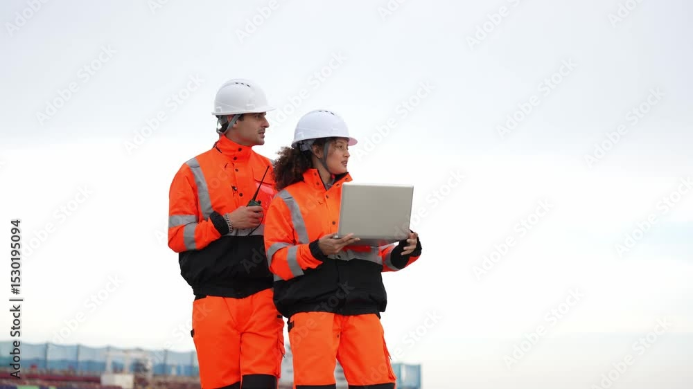 Maritime Safety Engineers Working at Port Terminal with Laptop and ...