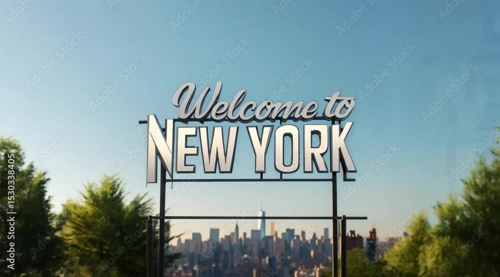 Welcome to New York City sign: Urban skyline and iconic landmarks Stock ...