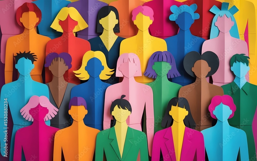 Colorful paper cutout illustrations of diverse people standing together ...
