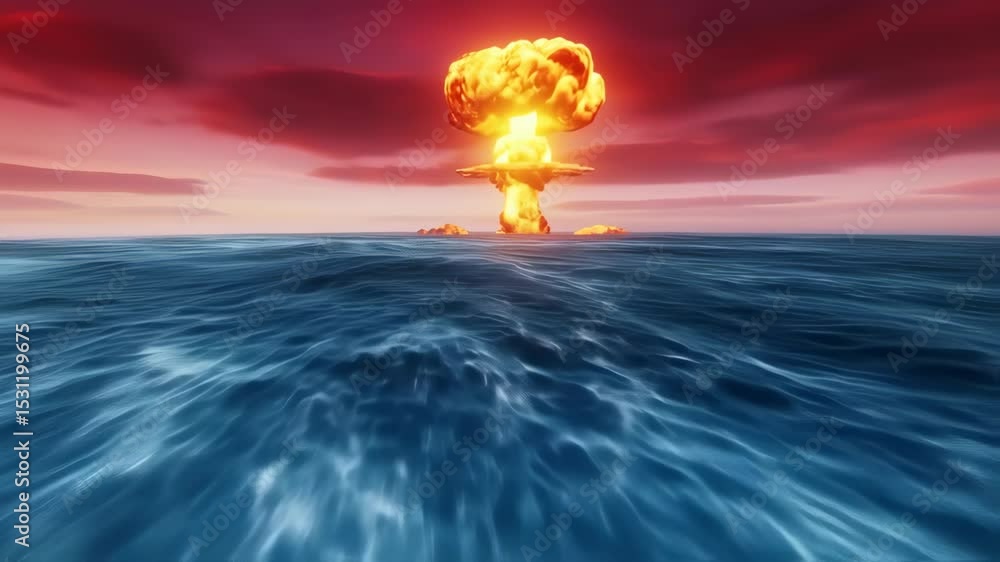 "Massive Nuclear Explosion Over the Ocean at Sunset – Fiery Mushroom ...