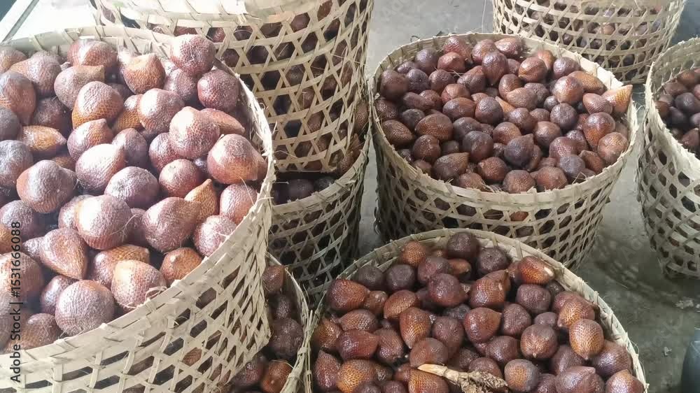 Baskets are filled to the brim with salak, also known as snake fruit. A ...