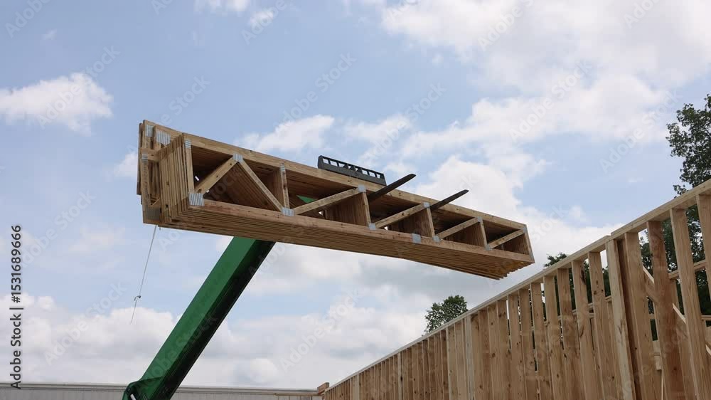 Construction site forklift telehandler lifting wooden trusses beams ...