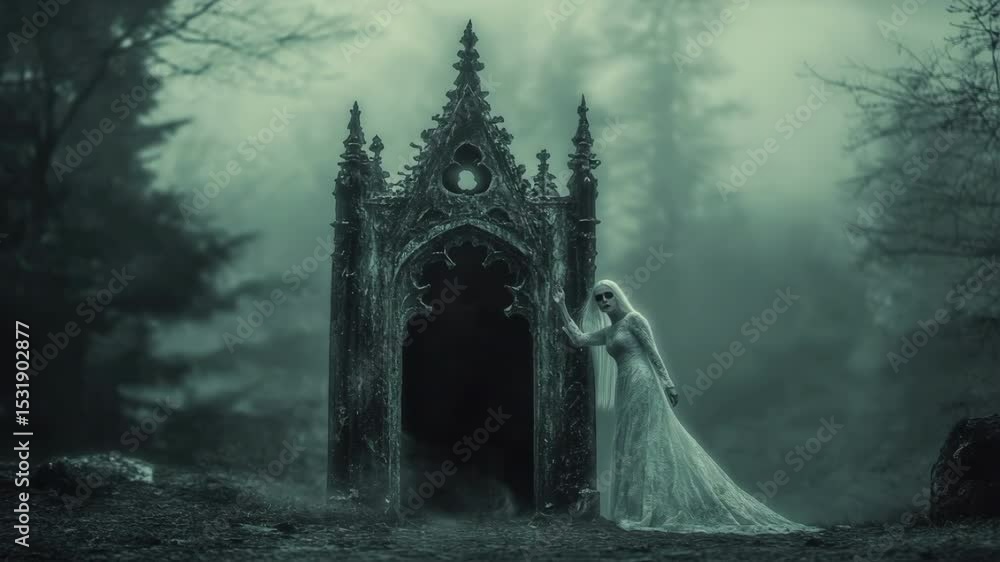 Ethereal ghost bride in white dress and veil, opening the door of an ...