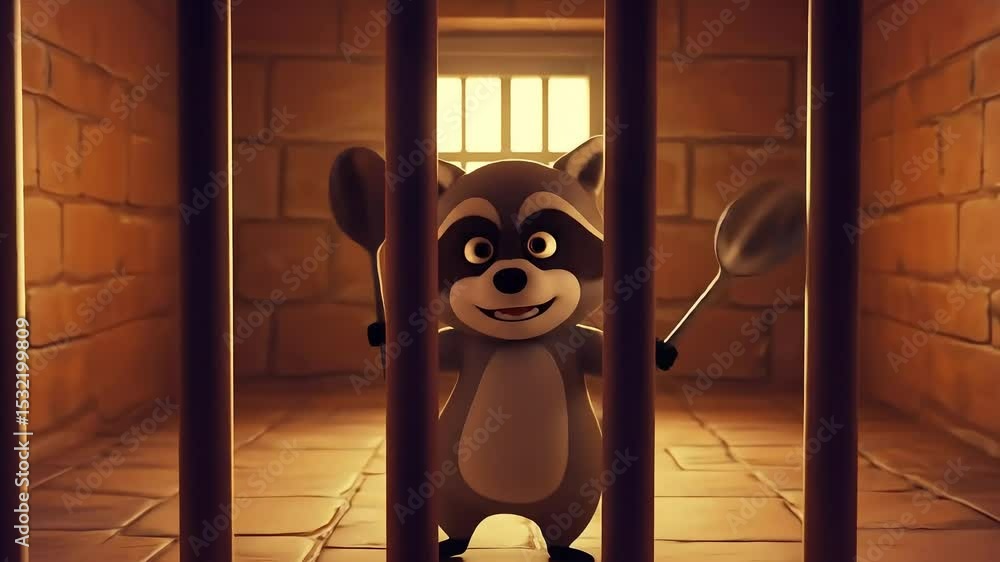 Mischievous Raccoon in Jail Cell A 3D Cartoon Illustration of a Caged ...