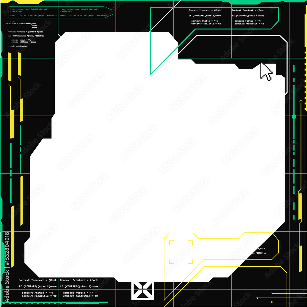 Poster Stylized sci-fi HUD showing angular UI panels, code snippets on ...