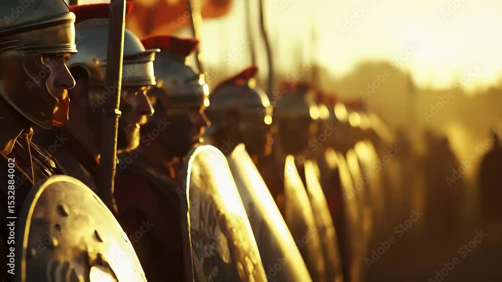 Roman soldiers line up in sunlight with shields. Golden light reflects ...
