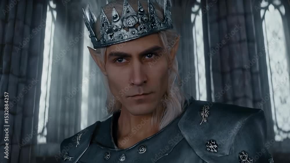 Elf king wearing silver crown stands in grand castle throne hall. Royal ...