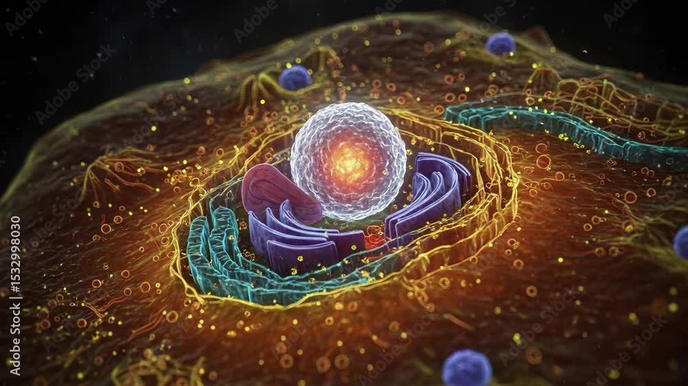 eukaryotic cell under a microscope, showing organelles like nucleus ...