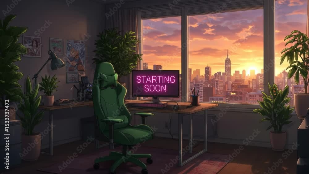 Streamer's Room with City View at Sunset. Stream starting soon screen ...