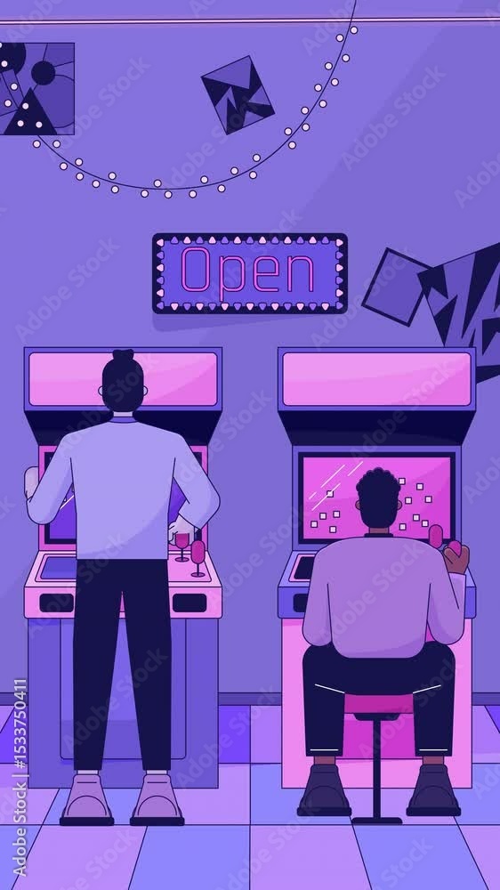 Retro gaming night at neon arcade lofi vertical animation. Open sign ...