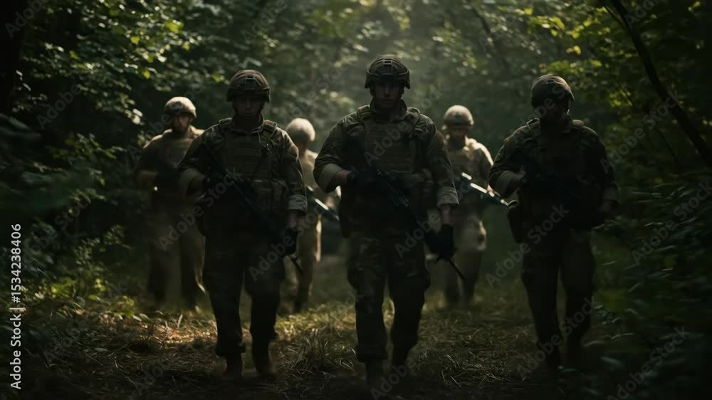 Group of men soldiers patrol through dark forest. Military operation ...