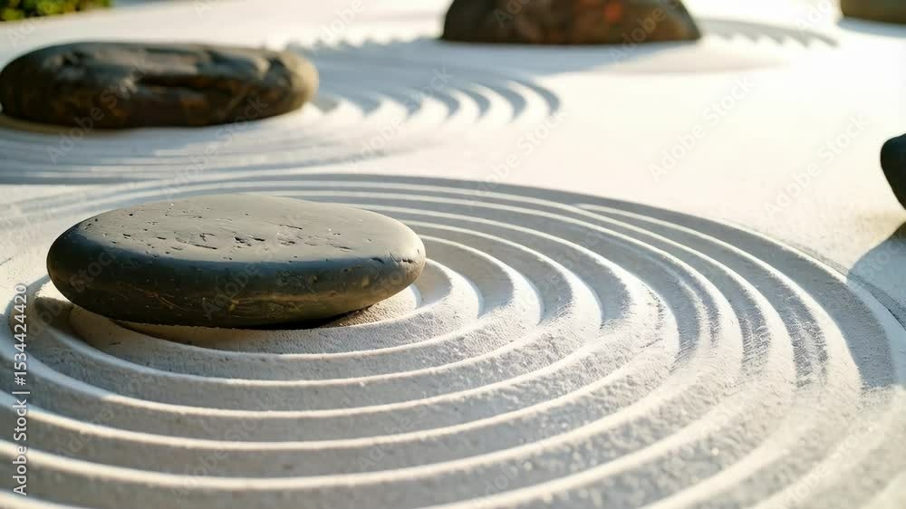 Zen garden closeup with smooth dark stones resting on raked white sand ...