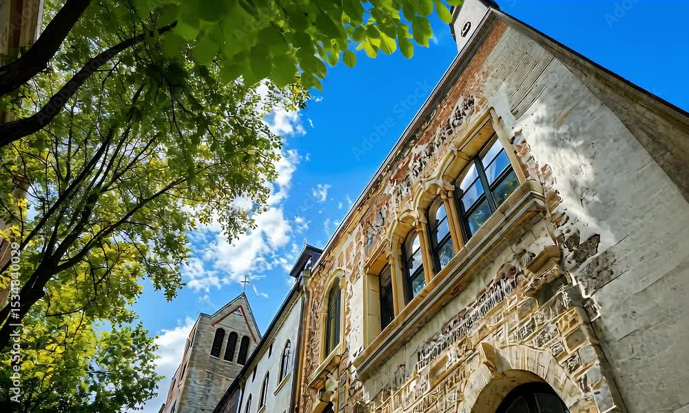 Aged Brick Building with Arches Windows and Green Trees Under Blue Sky ...