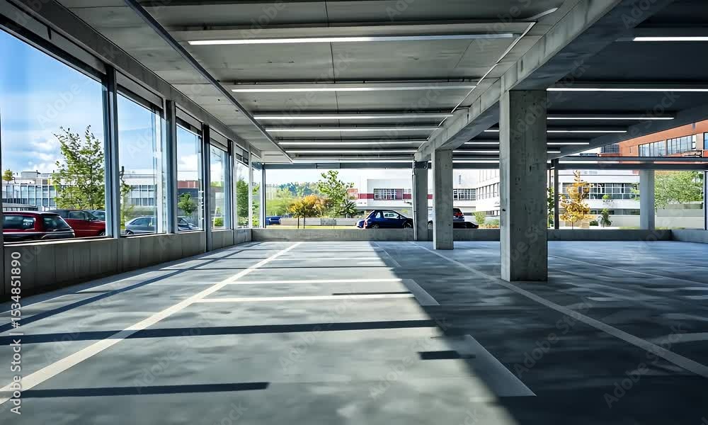 Bright Indoor Parking Garage with Concrete Structure Empty Spaces and ...
