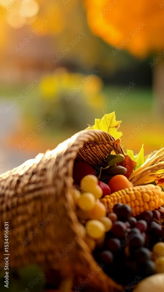 Vidéo Stock Festive cornucopia filled with autumn harvest fruits ...