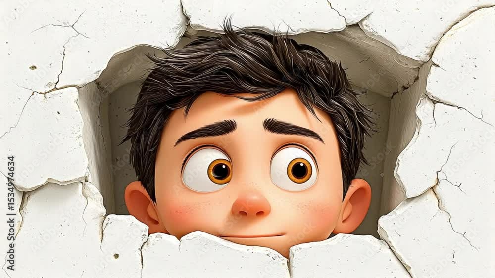 Vidéo Stock Surprised cartoon boy breaking wall with shocked face and ...