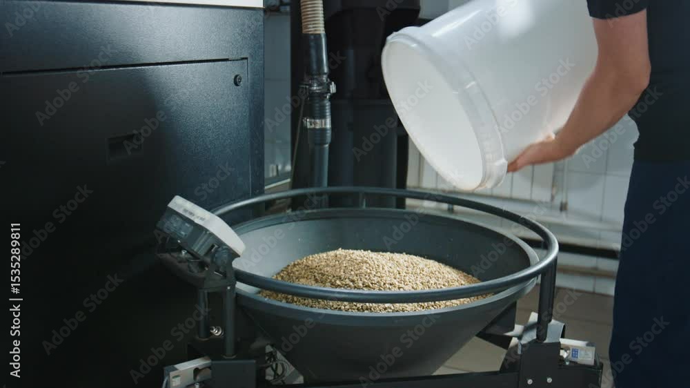 Professional coffee roaster carefully transferring green coffee beans ...