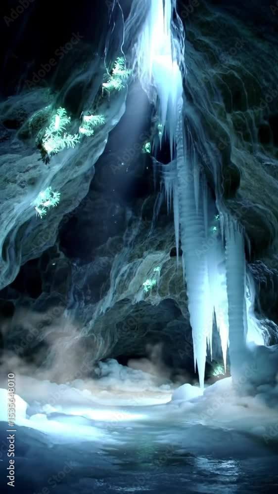 A majestic ice cave with frozen waterfalls and shimmering light ...